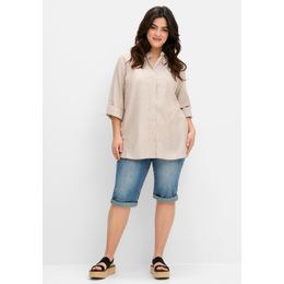 Hemdbluse sheego, Damen, Gr. 42, beige, 70% Viskose, 30% Leinen, gemustert, gestreift, Blusen Hemdbluse