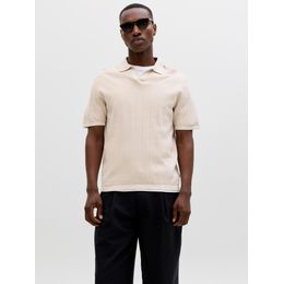 Jack & Jones Polokragenpullover JACK & JONES "JJEBRADLEY KNIT SPLIT NECK SS SN", Herren, Gr. M, moonbeam, Strick, Obermaterial: 100% Baumwolle, unifarben, normal, V-Ausschnitt, Pullover, Baumwolle
