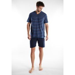 G&ouml;tzburg Shorty G&Ouml;TZBURG "Midtown", Herren, Gr. 54, blau, mittel, ringel, Single Jersey, Obermaterial: 60% Baumwolle, 40% Polyester, bequem kurz, V-Ausschnitt, gerader Abschluss, Homewear-Sets Shorty, gestreift, kurz, V-Ausschnitt, Baumwollmix