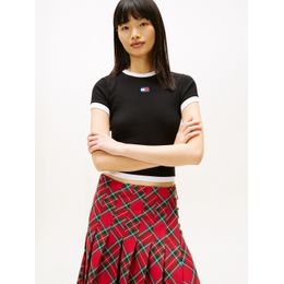 Kurzarmshirt Tommy Jeans "TJW SLIM SH BADGE SS RIB EXT", Damen, Gr. XXL (44), schwarz, Single Jersey, Obermaterial: 95% Baumwolle, 5% Elasthan, unifarben mit Farbeinsatz, figurbetont, Rundhals, Shirts, in gerippter Struktur