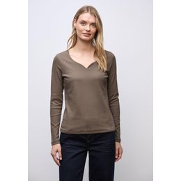 Langarmshirt Street One, Damen, Gr. 34, silk braun, Web, 95% Baumwolle, 5% Elasthan, unifarben, comfort fit normal, V-Ausschnitt, abgesteppt, Shirts Langarmshirt, im soften Baumwoll-Mix