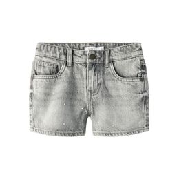 Jeansshorts name it "NKFROSE REG DNM SHORTS 6042-AC NOOS", M&auml;dchen, Gr. 146, N-Gr, light grau denim, Denim/Jeans, Obermaterial: 100% Baumwolle, Abriebeffekte, unifarben, regular fit kurz, Jeans Jeansshorts, Baumwolle, mit Glitzersteinchen