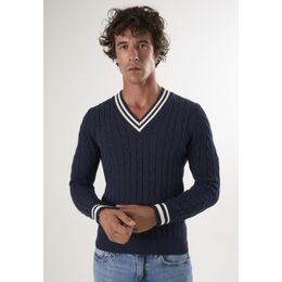 V-Ausschnitt-Pullover FELIX HARDY "Basic-Pullover mit V-Ausschnitt und Zopfmuster", Herren, Gr. M, navy, 100% Baumwolle, Pullover