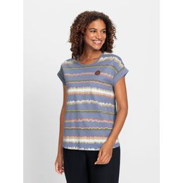 Kurzarmshirt Casual Looks "Shirt", Damen, Gr. 42, blau (taubenblau, ecru, bedruckt), 100% Baumwolle, bedruckt, gemustert, gestreift, mehrfarbig, Rundhals, Shirts