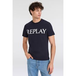 T-Shirt Replay, Herren, Gr. L, blau (night blau), Jersey, Obermaterial: 100% Baumwolle, bedruckt, regular fit, Rundhals, Shirts T-Shirt, mit Logo-Frontprint