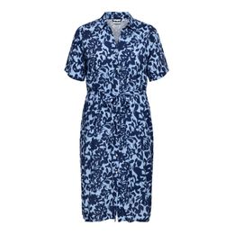 Blusenkleid Only CARMAKOMA "CARYASMIN S/S SHIRT DRESS WVN NOOS", Damen, Gr. 46, N-Gr, serenity print:tania flower dressblau, Web, Obermaterial: 100% Viskose, bedruckt, regular fit Midi, V-Ausschnitt, Kleider Blusenkleid