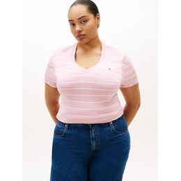 V-Shirt Tommy Hilfiger Curve "CRV SLIM CODY V-NK SS", Damen, Gr. 50, fine stp pink, ecru, Single Jersey, Obermaterial: 100% Baumwolle, gestreift, slim fit normal, V-Ausschnitt, abgesteppte Kante, Shirts, in gro&szlig;en Gr&ouml;&szlig;en, Baumwoll-Qualit&auml;t