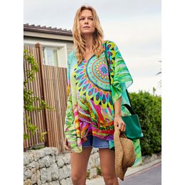 Blusenponcho Inspirationen, Damen, Gr. 2, kalkmint, pink, bedruckt, 100% Viskose, gemustert, V-Ausschnitt, Blusen