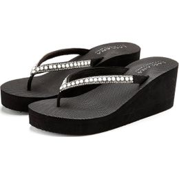 Badezehentrenner Lascana "Sandale, Badeschuh, Pantolette, Badelatsche, Flip Flop", Damen, Gr. 40, schwarz, Obermaterial: 100% Synthetik. Decksohle: 100% Synthetik. Futter: 100% Synthetik. Laufsohle: 100% Synthetik, Glitzer, Schuhe, Zehentrenner mit Keilabsatz und Perlen VEGAN