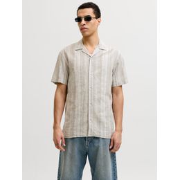 Jack & Jones Kurzarmhemd JACK & JONES "JPRBLUSUMMER LIN. BLEN DOBBY SS SHIRT SN", Herren, Gr. XL, N-Gr, mermaid stripes, Web, Obermaterial: 70% Baumwolle, 30% Leinen, gestreift, normal, V-Ausschnitt, Hemden