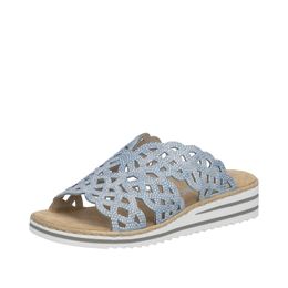 Pantolette Rieker, Damen, Gr. 36, hellblau, Lederimitat, Schuhe Pantolette, Sommerschuh, Strandschuh, Hausschuh, Keilabsatz, mit Strass-Steinchen