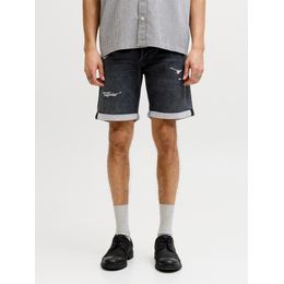 Jack & Jones Shorts JACK & JONES "JJIRICK JJICON I.K. SHORTS GE 066 SN", Herren, Gr. M, N-Gr, schwarz (schwarz denim), Denim/Jeans, Obermaterial: 86% Baumwolle, 13% Polyester, 1% Elasthan, Destroyed-Effekte, normal kniefrei, Hosen Shorts, Baumwollmischung mit Stretch, regular fit, Destroyed Effekte
