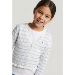 Strickjacke Tommy Hilfiger "POINTELLE CARDIGAN", M&auml;dchen, Gr. 7 (122), ivory silk, sweet blau stripes, Strick, Obermaterial: 100% Baumwolle, gestreift, regular fit h&uuml;ftlang, V-Ausschnitt, R&uuml;schen, Strickjacken Strickjacke, Kinder bis 16 Jahre, mit R&uuml;schen, regular fit