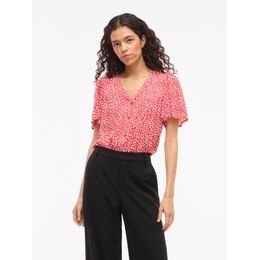 Hemdbluse Vila "VIGRACE V-NECK S/S SHIRT - NOOS", Damen, Gr. 38, hibiscus aop:dot sandshell, Obermaterial: 100% Viskose, bedruckt, regular fit normal, Blusen Hemdbluse