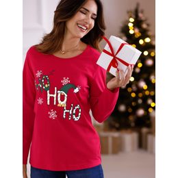 Langarmshirt Classic Basics "Rundhals-Shirt", Damen, Gr. 48, rot (rot, wei&szlig;), 100% Baumwolle, bedruckt, gemustert, Rundhals, Shirts Langarmshirt