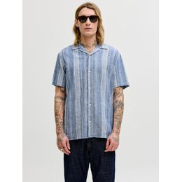 Jack & Jones Kurzarmhemd JACK & JONES "JPRBLUSUMMER LIN. BLEN DOBBY SS SHIRT SN", Herren, Gr. M, N-Gr, ashley blau stripes, Web, Obermaterial: 70% Baumwolle, 30% Leinen, gestreift, normal, V-Ausschnitt, Hemden