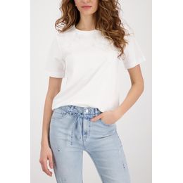 T-Shirt monari "Shirt 3D Blume", Damen, Gr. 42, off, wei&szlig;, Web, Obermaterial: 50% Baumwolle, 50% Modal, unifarben, regular fit taillenbedeckt, Rundhals, eingesetzt abgesteppte Kante, Shirts T-Shirt, Regular fit mit 3D-Blumen