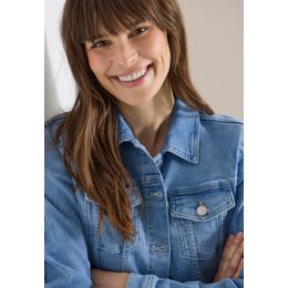 Jeansjacke Cecil, Damen, Gr. L (42), light blau washed, Web, Obermaterial: 70% Baumwolle, 28% Polyester, 2% Elasthan, unifarben, normal h&uuml;ftlang, Rundhals, 1-Knopf-Manschette, Jacken Jeansjacke, mit Brusttaschen und Kn&ouml;pfen