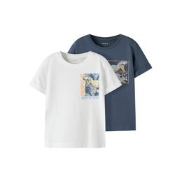 T-Shirt name it "NMMVUX 2P SS TOP", M&auml;dchen, Gr. 104, vintage indigo pack:hellwei&szlig;, Jersey, Obermaterial: 95% Baumwolle, 5% Elasthan, bedruckt, normal normal, Rundhals, Shirts T-Shirt, Baumwollmischung, normal geschnitten
