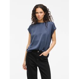 Kurzarmshirt Vila "VIELLETTE S/S SATIN TOP - NOOS", Damen, Gr. 40, blau (vintage indigo), Satin, Obermaterial: 100% Polyester, unifarben, regular fit normal, Rundhals, mit Umschlag, Shirts, Kunstfaser, regular fit