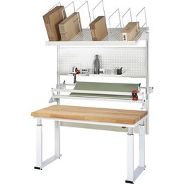 Rau Packtisch komplett 600, elektrisch h&ouml;henverstellbar, Set 3 mit Lochplatte, Schneidger&auml;t, Abrolleinheit, BxT 1500 x 900 mm, Buchenplatte