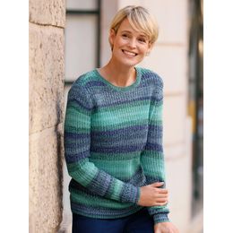 Rundhalspullover Classic Basics "Stehkragen-Pullover", Damen, Gr. 42, gr&uuml;n (royalblau, gr&uuml;n, geringelt), 100% Polyacryl, bedruckt, gemustert, mehrfarbig, Pullover Rundhalspullover