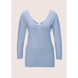 Madeleine Mode Longpullover MADELEINE "Pullover Strickpullover mit tiefem R&uuml;ckenausschnitt", Damen, Gr. 44/46, blau (himmelblau), Obermaterial: 65% Viskose CV. 35% Elasthan EL., Modern, normal, V-Ausschnitt, Pullover Longpullover