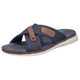 Pantolette Rieker, Herren, Gr. 45, dunkelblau, braun, Lederimitat, Textil, unifarben mit Farbeinsatz, Schuhe Pantolette, Sommerschuh, Hausschuh, Strandschuh zum Schlupfen