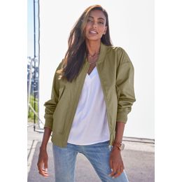 Blouson French Connection, Damen, Gr. XL (48/50), gr&uuml;n (khaki), Web, Obermaterial: 100% Polyester. Futter: 85% Polyester, 15% Baumwolle. &Auml;rmelfutter: 100% Polyester, unifarben, l&auml;ssig geschnitten h&uuml;ftlang, Rippb&uuml;ndchen, Jacken Blouson, mit College-Kragen