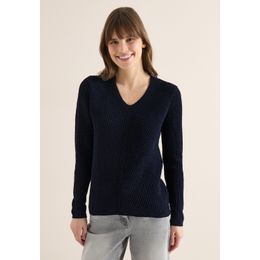 Strickpullover Cecil, Damen, Gr. L (42), universal blau, Web, 75% Baumwolle, 25% Polyester, unifarben, normal normal, V-Ausschnitt, normaler Saum, Pullover Strickpullover, mit abgerundetem V-Ausschnitt