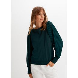 Strickpullover bonprix "Feinstrickpullover aus flie&szlig;endem Viskose-Mix", Damen, Gr. 48/50 (XL), gr&uuml;n (tiefgr&uuml;n), Feinstrick;Web, Obermaterial: 80% Viskose, 20% Polyamid, unifarben, bequem h&uuml;ftbedeckend, Rundhals, weit extrabreites B&uuml;ndchen, Pullover Strickpullover, im tollen Viskose-Mix, mit weiten, extravaganten Plissee&auml;rmeln, bequem
