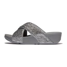 Pantolette fitflop "LULU CRINKLED SHIMMER", Damen, Gr. 36, silber (silberfarben, grau), Synthetik, Textil, Glitzer, Schuhe Pantolette, Slides, Badeschuh, Abendmode mit Glitter