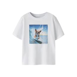 Kurzarmshirt name it "NMMVOTO SS NREG TOP", Jungen, Gr. 104, hellwei&szlig; print:surfer dog, Jersey, Obermaterial: 100% Baumwolle, bedruckt, normal normal, Rundhals, Shirts, Baumwolle, regular fit
