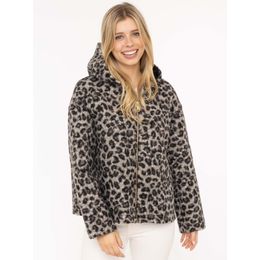 Kurzjacke Zwillingsherz "Fur", Damen, Gr. S/M, grau, Stoff, Obermaterial: 100% Polyester, gemustert, mehrfarbig, Jacken Kurzjacke, Kapuze, Rei&szlig;verschluss, Seitliche Taschen