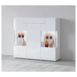 Highboard OTTO HOME "Toledo,Breite 147,5cm,trendige Hochkommode mit 3T&uuml;ren und Schublade", wei&szlig; (wei&szlig; matt, wei&szlig; hgl), B:147,5cm H:132cm, ABS-Kunststoff, FSC-zertifizierter Holzwerkstoff, Glas, MDF, Metall, Sideboards, Highboard, Hochschrank mit Glas-Partien,stylische Hochglanzfronten