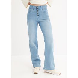 Straight-Jeans bonprix "Straight-Jeans High Waist, Stretch", Damen, Gr. 52, N-Gr, blau (hellblau denim used), Denim/Jeans, Obermaterial: 82% Baumwolle, 17% Polyester, 1% Elasthan, unifarben, regular fit lang, Jeans Straight-Jeans, Regular Fit, mit Elasthan-Anteil, mit 5-Knopf-Form
