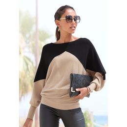 Strickpullover Lascana, Damen, Gr. 44/46, schwarz (schwarz, sand), Strick, Obermaterial: 50% Viskose, 28% Polyester, 22% Polyamid, figurumspielend h&uuml;ftlang, Rundhals, extrabreites B&uuml;ndchen, Pullover Strickpullover, mit Colorblock-Optik Fledermaus&auml;rmel, modisch