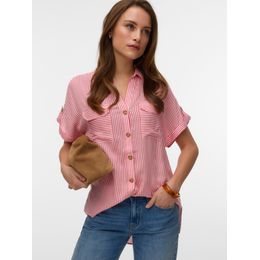 V&eacute;ro Moda Kurzarmbluse VERO MODA "VMBUMPY S/S SHIRT WVN GA NOOS", Damen, Gr. L, rosa (snow wei&szlig; stripes:coral paradise), Web, Obermaterial: 100% Viskose, gestreift, regular fit normal, V-Ausschnitt, mit Aufschlag, Blusen, Viskose, regular fit