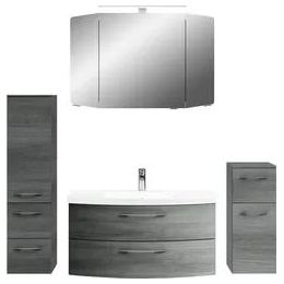 Badezimmer-Set SAPHIR "Cassca Sprint 4-teilig Mineralmarmor-Waschtisch mit LED-Spiegelschrank", grau (graphit struktur quer nachbildung), B:161cm H:200cm T:50,5cm, Holzwerkstoff, Kastenm&ouml;bel-Sets, Midischrank, Unterschrank, inkl. T&uuml;rd&auml;mpfer, 5 T&uuml;ren, 5 Schubladen