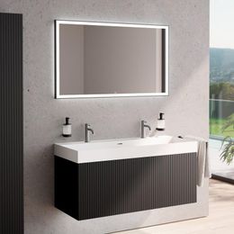 neoro n50 stripes Unterschrank B: 120 cm mit 1 Auszug, schwarz matt profiliert, mit Spiegel, Doppelwaschtisch cube, BN0141WM+BN0494BBM+BN0017MI,
