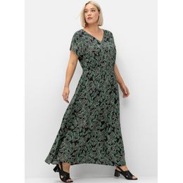 Maxikleid sheego "Maxikleid", Damen, Gr. 48, Normalgr&ouml;&szlig;en, schwarz (schwarz, gr&uuml;n), 100% Viskose, gebl&uuml;mt, gemustert, lang, V-Ausschnitt, Kleider Maxikleid