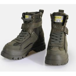 Winterboots Buffalo "Aspha Com1 Vegan", Damen, Gr. 41, khaki, Lederimitat, Textil, Schuhe Winterboots, Schn&uuml;rstiefelette, Plateauboots mit Innen-Rei&szlig;verschluss