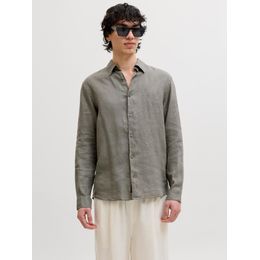Jack & Jones Langarmhemd JACK & JONES "JPRBLALAWRENCE LINEN LS SHIRT SN", Herren, Gr. L, N-Gr, smokey olive, Web, Obermaterial: 100% Leinen, unifarben, normal, Hemden