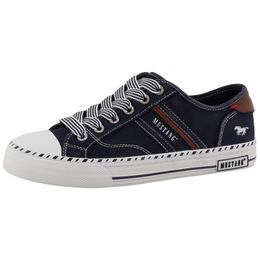 Slip-On Sneaker Mustang Shoes "Magdalena", Damen, Gr. 42, navy, Baumwolle, Schuhe, Slipper, Halbschuh mit Kontrastbesatz und Logoschriftz&uuml;gen