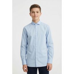 Jack & Jones Langarmhemd JACK & JONES JUNIOR "JJEAXEL elastisch und einfach kombinierbar", Jungen, Gr. 164, N-Gr, blau (cashmere blau), Web, Obermaterial: 97% Baumwolle, 3% Elasthan, unifarben, regular fit Po-bedeckend, 2-Knopf-Manschette, Hemden Langarmhemd, unifarben, modisch, regular fit, Web, Hemdkragen