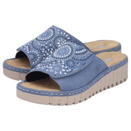 Pantolette Rieker, Damen, Gr. 39, jeansblau, Lederimitat, kontrastfarbene Details, Schuhe Pantolette, Sommerschuh, Strandschuh, Hausschuh mit regulierbarem Klettverschluss