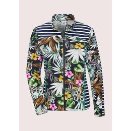 Madeleine Mode Langarmshirt MADELEINE "Shirtjacke Florale Baumwoll-Jacke mit Streifen, Langarm", Damen, Gr. 40, blau (marine, wei&szlig;, multicolor), Obermaterial: 95% Baumwolle CO. 5% Elasthan EL., Modern, Shirts Langarmshirt, Rei&szlig;verschluss