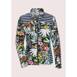 Madeleine Mode Langarmshirt MADELEINE "Shirtjacke Florale Baumwoll-Jacke mit Streifen, Langarm", Damen, Gr. 36, blau (marine, wei&szlig;, multicolor), Obermaterial: 95% Baumwolle CO. 5% Elasthan EL., Modern, Shirts Langarmshirt, Rei&szlig;verschluss