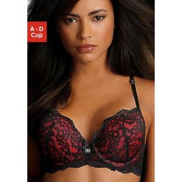 Push-up-BH JETTE, Damen, Gr. 85, Cup A, schwarz (schwarz, rot), Spitze, Obermaterial: 90% Polyamid, 10% Elasthan, BHs BH Push-up-BH Spitzenw&auml;sche Spitzen-BH, mit raffinierten Tr&auml;gern in B&auml;nder-Optik, sexy Dessous