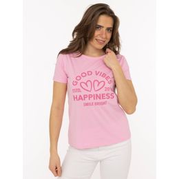 T-Shirt Zwillingsherz "Happiness Vibes", Damen, Gr. L, rosa, Web, Obermaterial: 95% Baumwolle, 5% Elasthan, bestickt, unifarben, h&uuml;ftbedeckend, Rundhals, gerader Abschluss, Shirts T-Shirt, ton in ton Stickerei, kurzarm, Rundhals